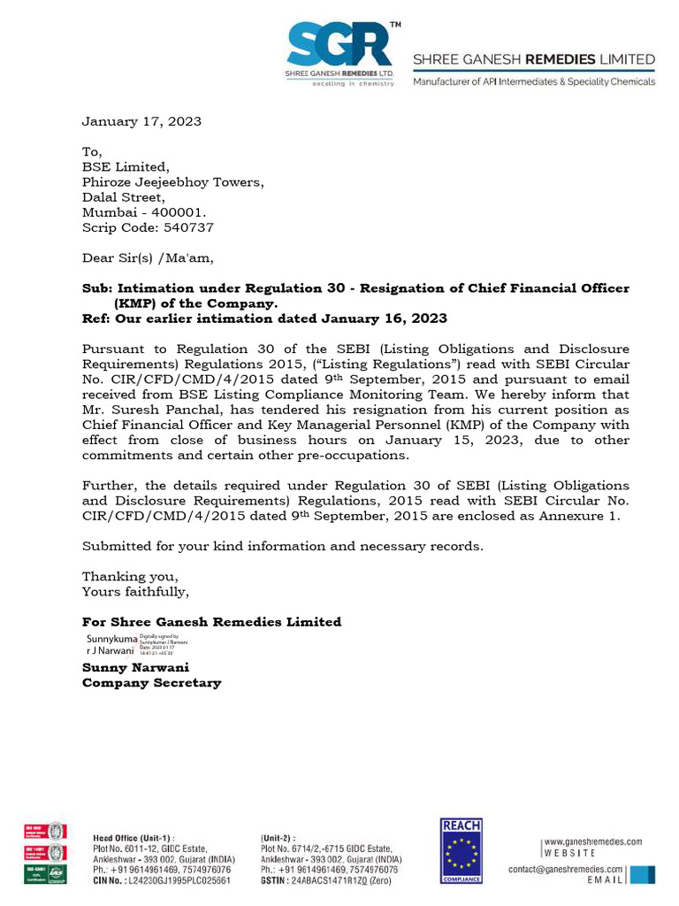 Sub: Intimation Under Regulation 30 - Resignation of Chief Financial ...