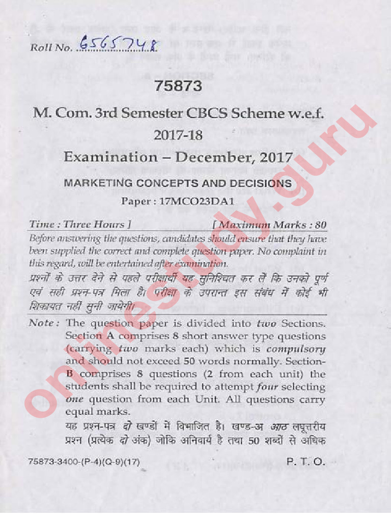 Marketing Concept 2017 3rd Sem Mdu Mcom | PDF