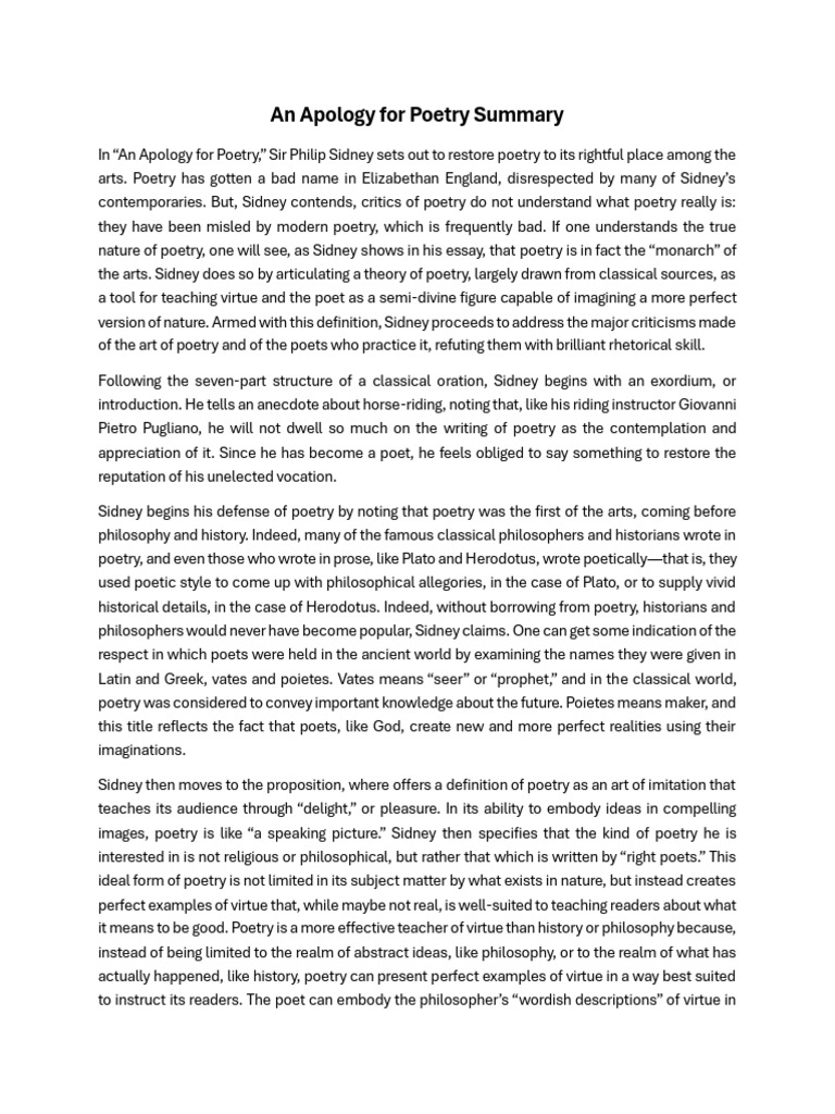 An Apology For Poetry Summary | PDF