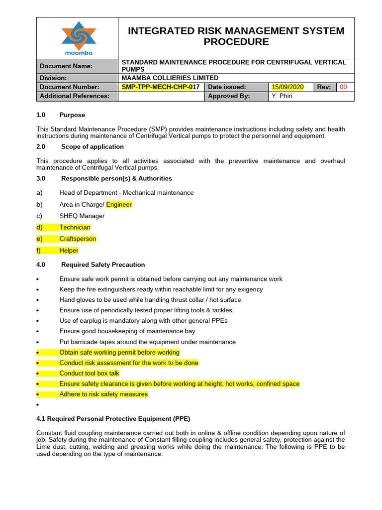 Smp-Tpp-Mech-Chp-017 SMP For Vertical Pumps | PDF | Pump | Mechanical ...