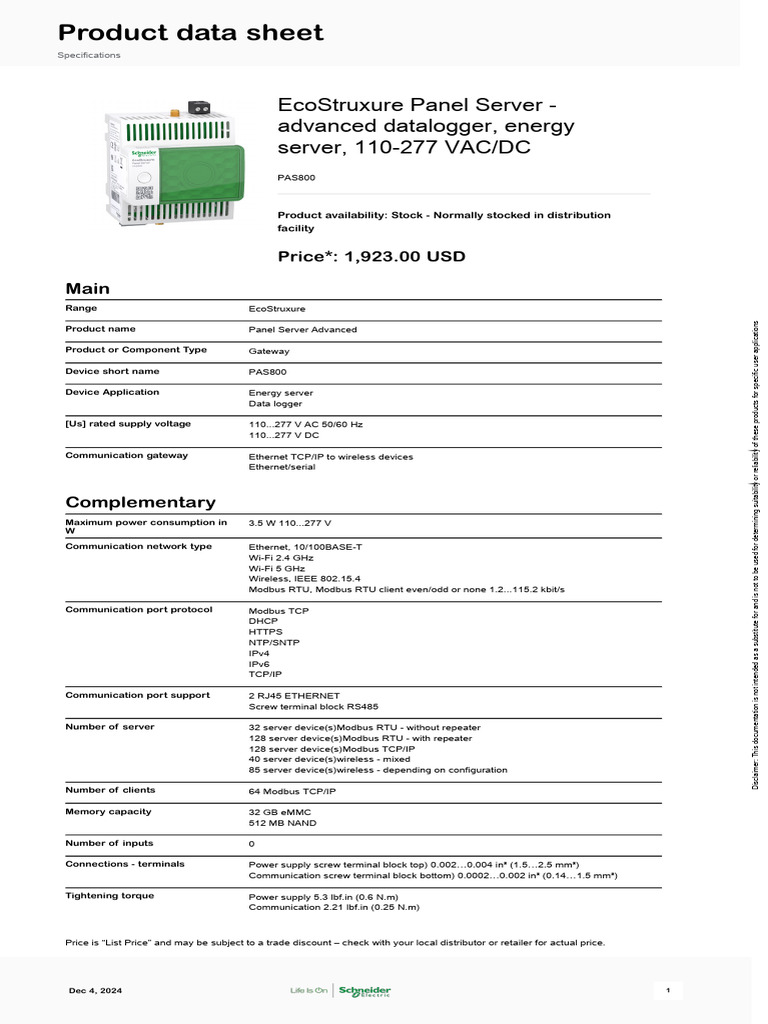 EcoStruxure PAS800: Advanced Energy Gateway | PDF | Internet Protocols ...