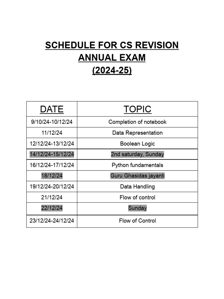 CS Revision Schedule 2024-25 | PDF