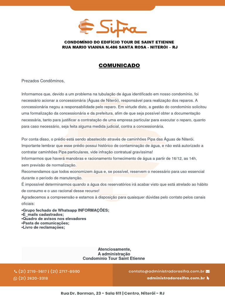 Comunicado - Condomínio Tour de Saint Etienne | PDF