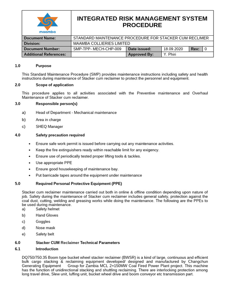 Stacker Cum Reclaimer Maintenance Procedure | PDF | Pump | Belt (Mechanical)