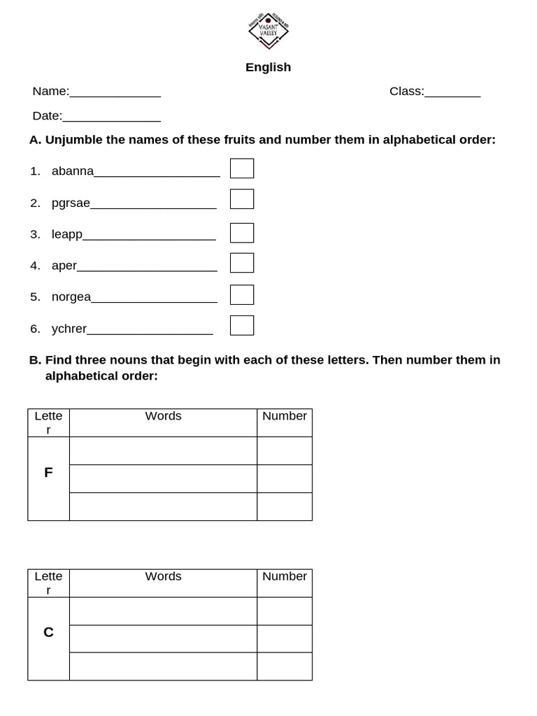 Alphabetical Order Worksheet | PDF