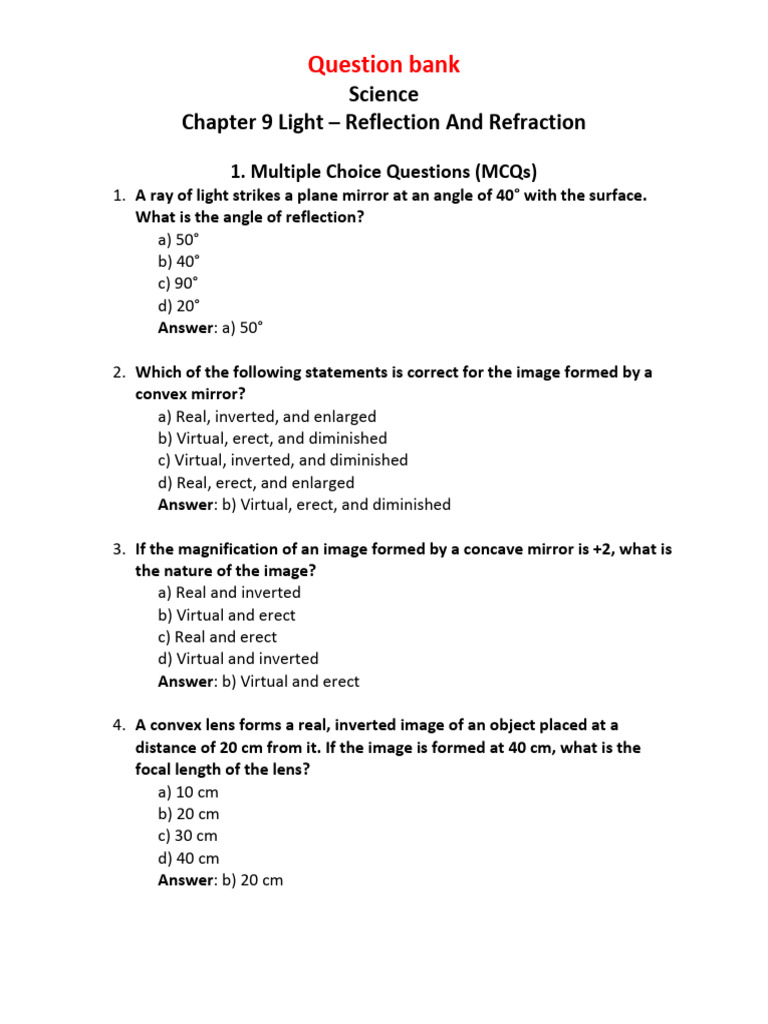 Light Reflection & Refraction Quiz | PDF | Mirror | Refraction