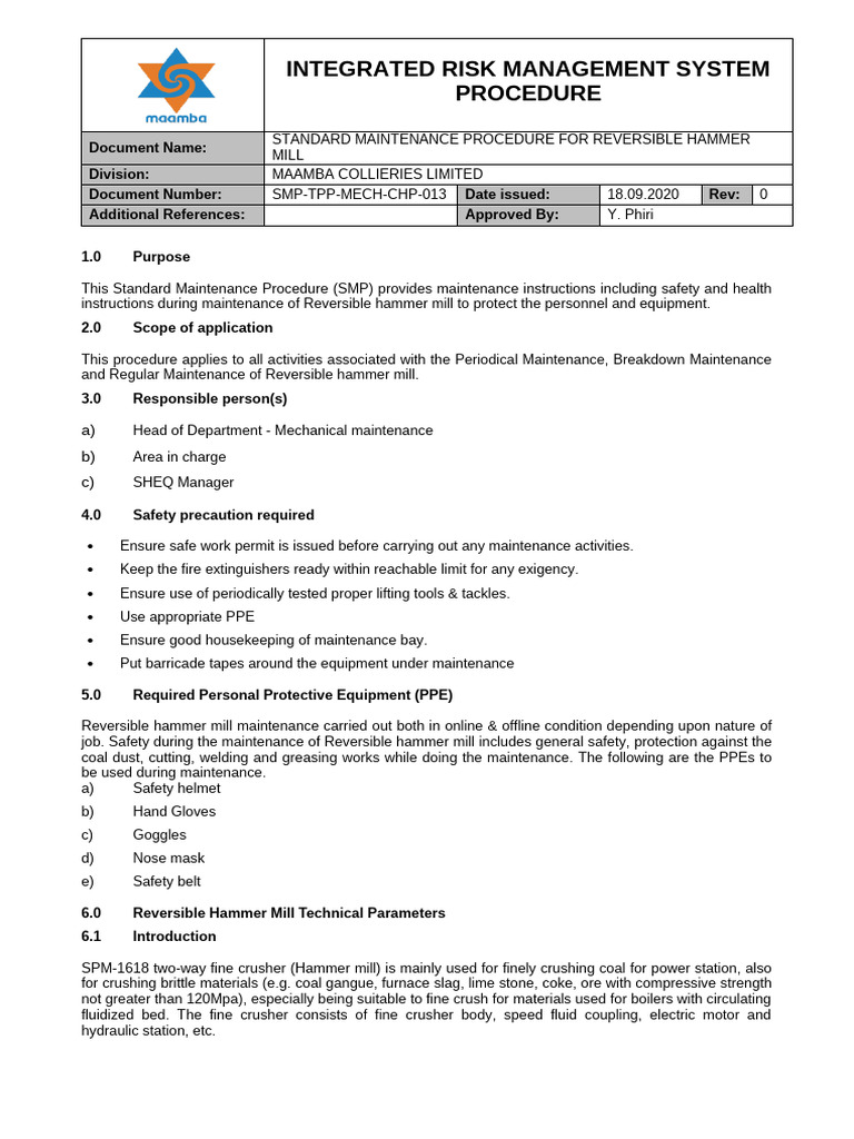 Smp-Tpp-Mech-Chp-013 SMP For Reversible Hammer Mill | PDF | Personal ...