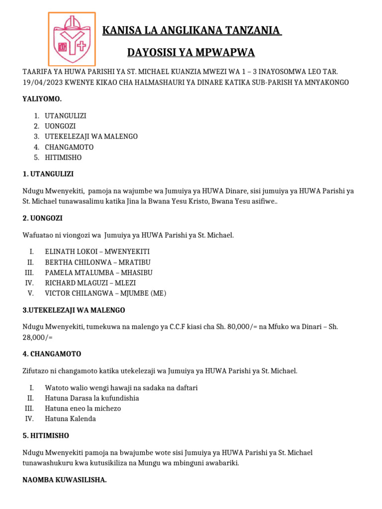 Kanisa La Anglikana Tanzania - Kongwa | PDF