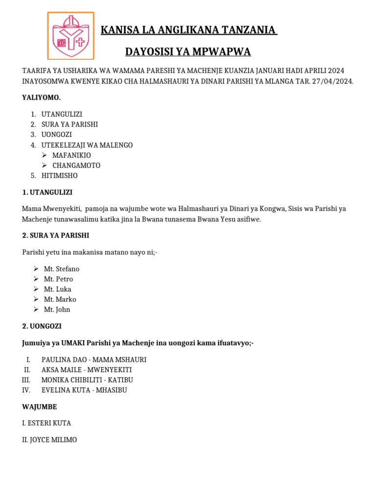 Kanisa La Anglikana - Machenje | PDF