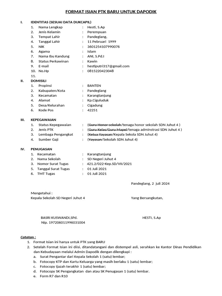 Format Isian PTK Baru | PDF