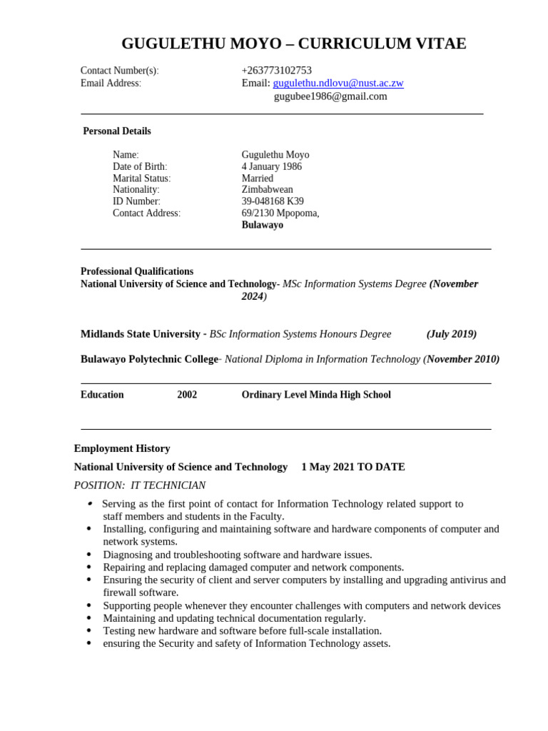 Gugu Moyo Cv | PDF | Remote Desktop Services | Computing