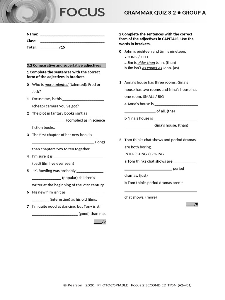 Focus2 2E Grammar Quiz Unit3 2 GroupA | PDF | Linguistic Typology | Language Mechanics