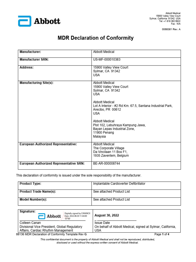 Rev A 88136 MDR DoC Ver. G-HV Dev Final-27Aug2022 | PDF | Artificial ...