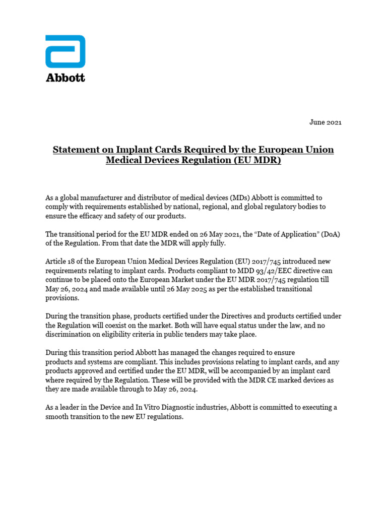 Abbott MDR Impant Card Statement June 2021 | PDF