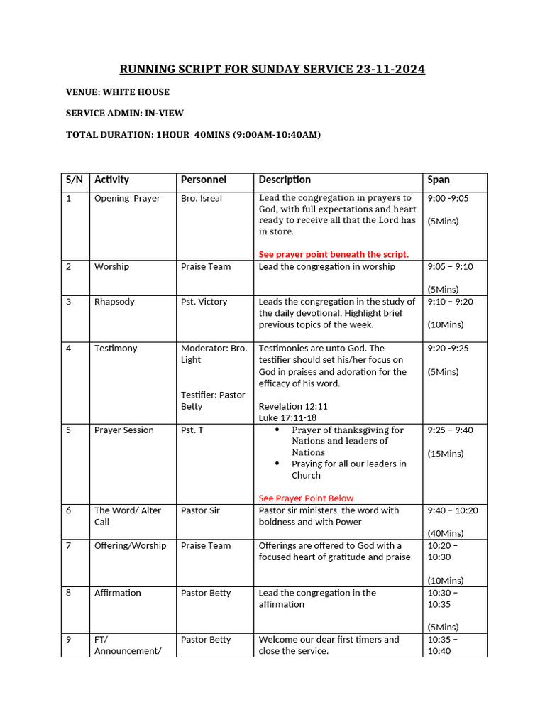 Running Script For Sunday Service 20-2 | PDF | Prayer | Jesus
