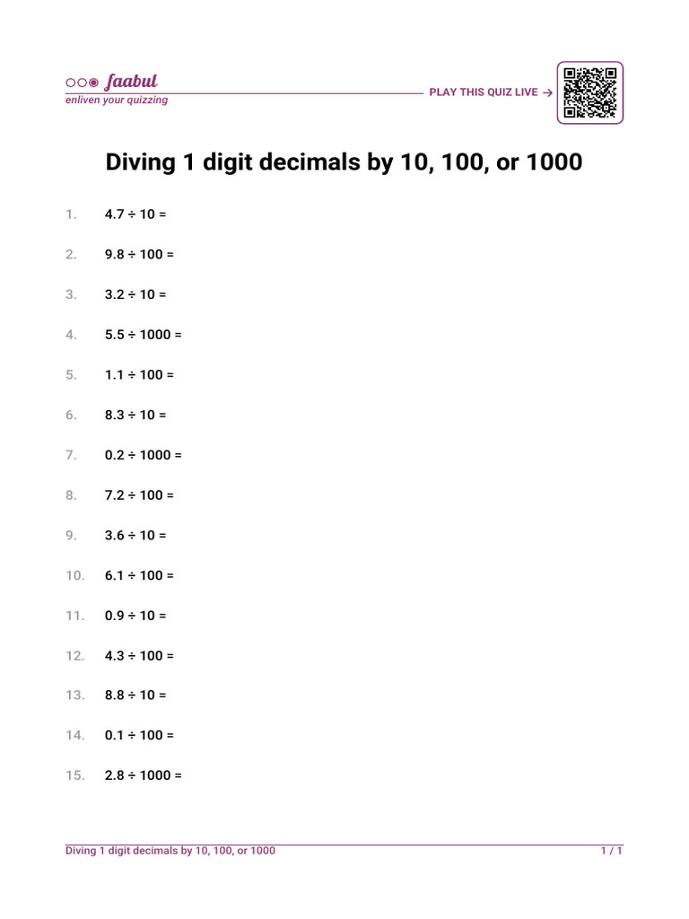 Dividing 1-Digit Decimals Quiz | PDF
