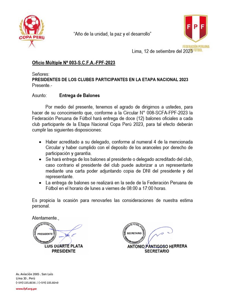 Oficio Múltiple #003-SCFA-FPF-2023.pdf Entrega de Balones | PDF