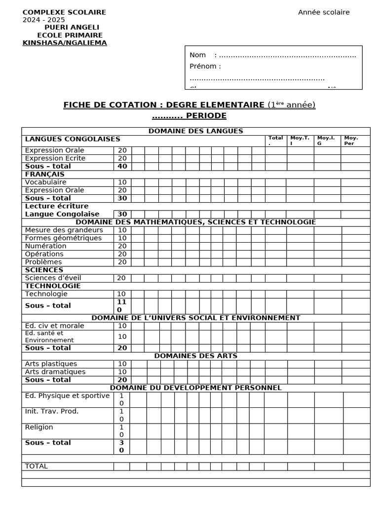 Fiche de Cotation 2024-2025[1] | PDF | Science