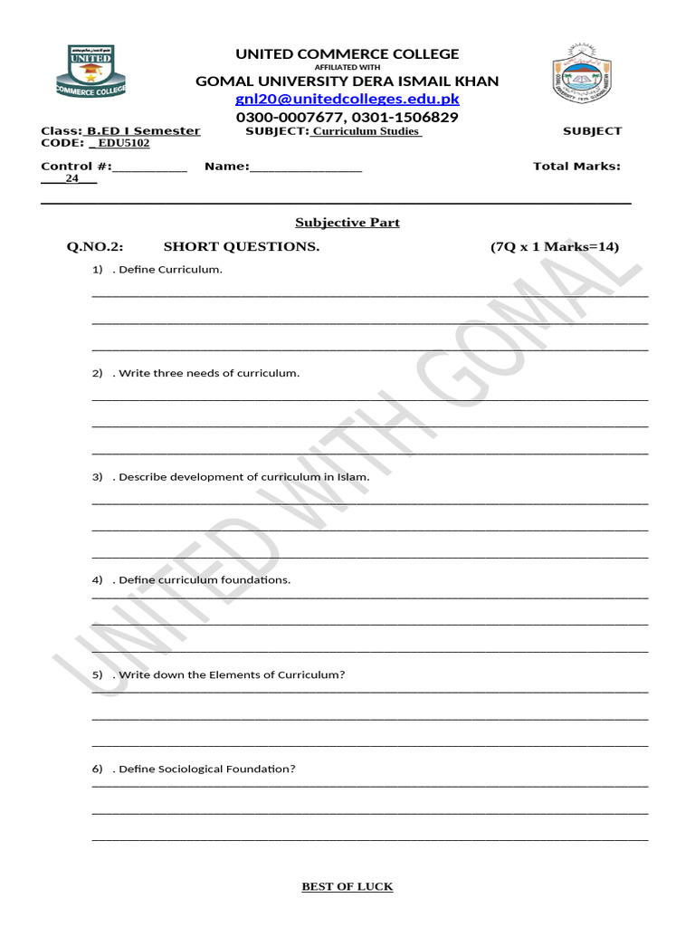 B Ed Curriculum Studies Exam Guide Pdf Curriculum