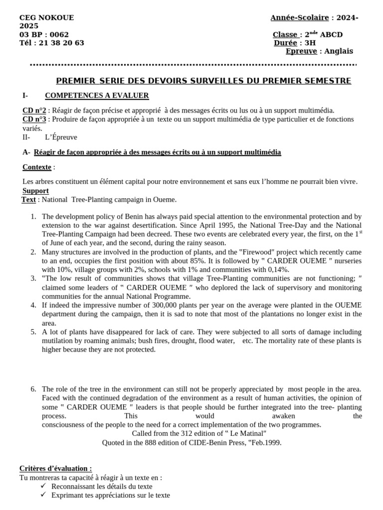 1er Devoir Du 1er Semestre Seconde 2024-2025 | PDF | Adverb | Adjective