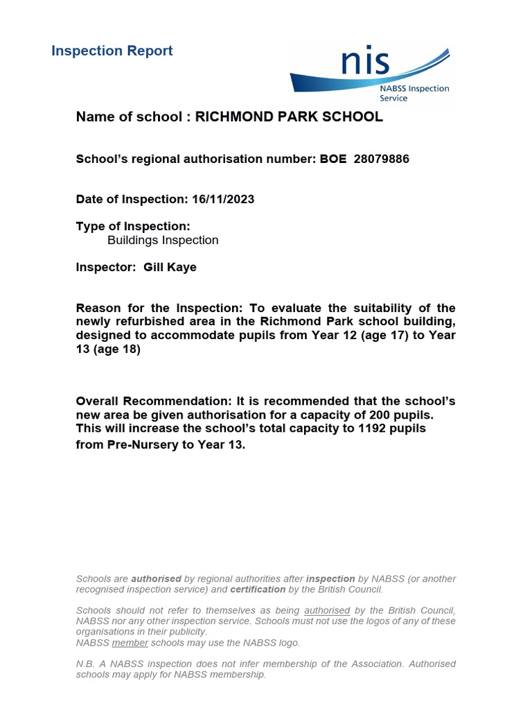 NABSS Inspection Report Nov 2023 | PDF | Classroom