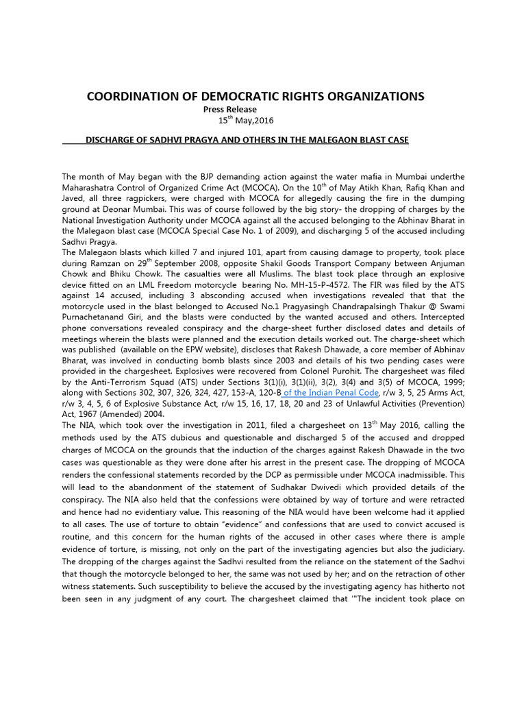 CDRO STATEMENT Malegaon Revised | PDF | Public Law | Crimes