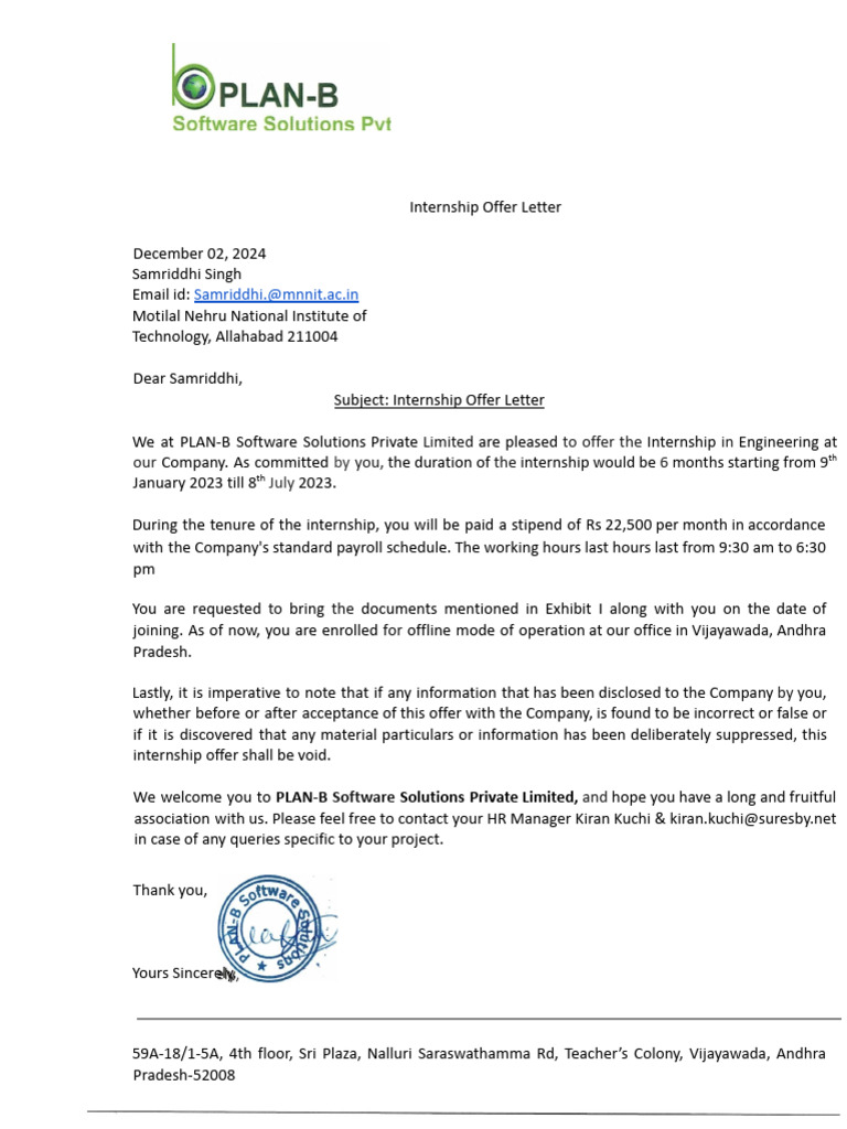 Sashank S Internship Offer Letter | PDF