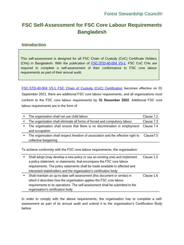 FSC Core Labour Requirements Self-Assessment - Bangladesh - V1-0 Update ...