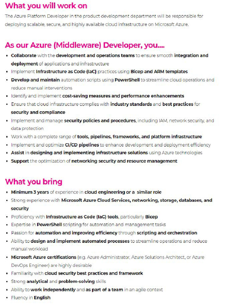 Job Description Azure Developer | PDF