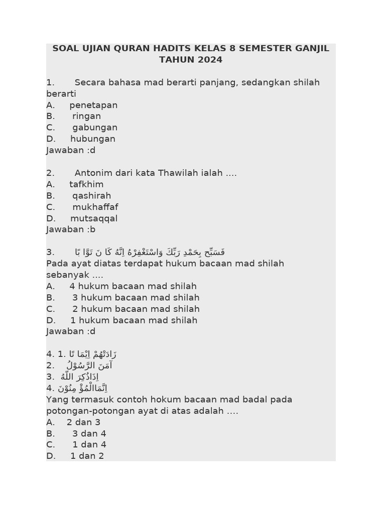 Soal Ujian Quran Hadits Kelas 8 Semester Ganjil Tahun 2024 | PDF