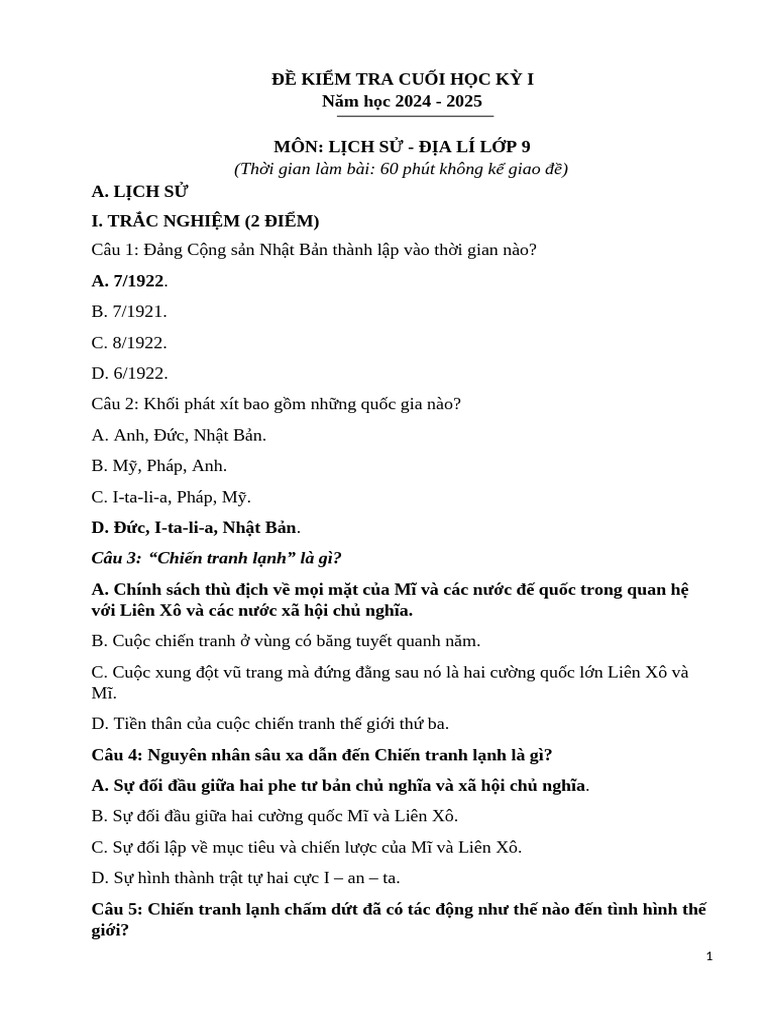 Đề Địa 9 CK1 | PDF