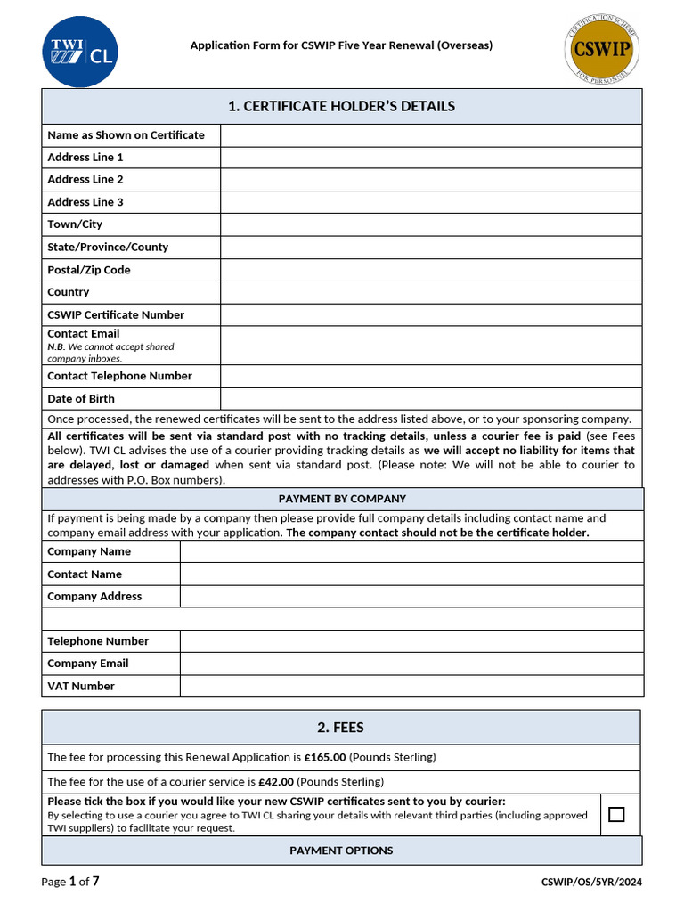 Application Form For CSWIP 5 Year Renewal (Overseas) - v7 123 | PDF ...