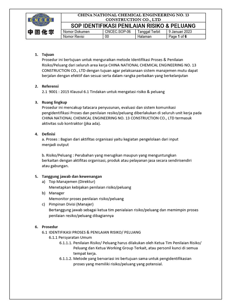 Cncec - Sop-06 Sop Identifikasi Dan Penilaian Risiko & Peluang | PDF