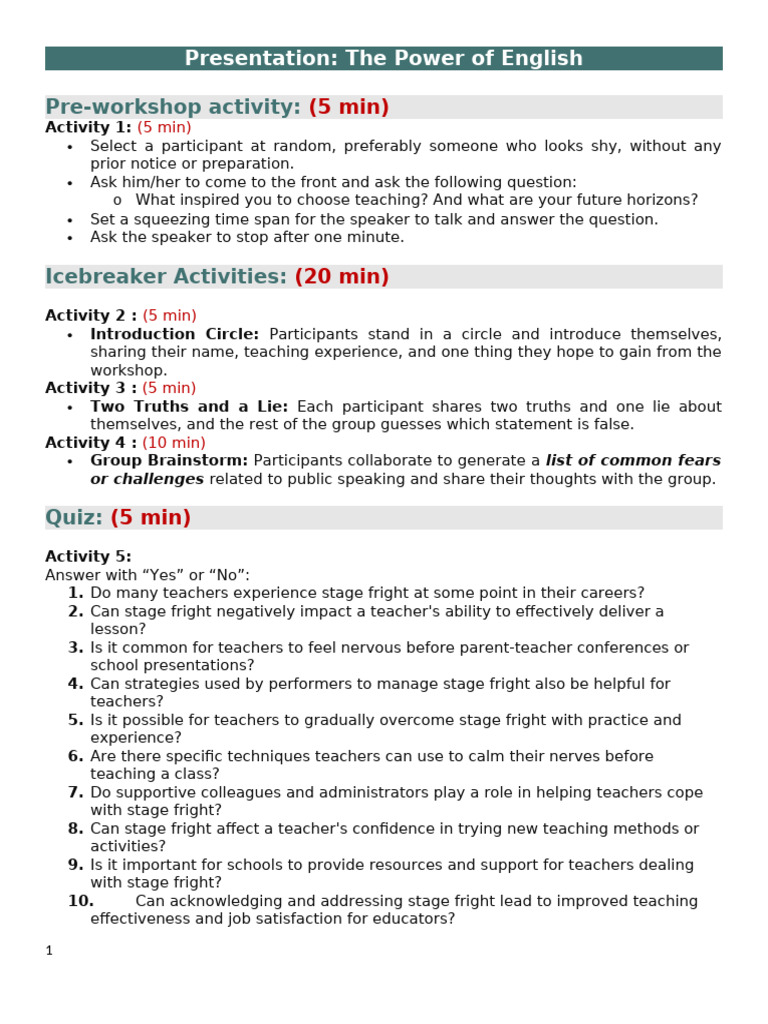 Stage Fright Anxiety Workshop Lesson Plan | PDF | Anxiety | Fear