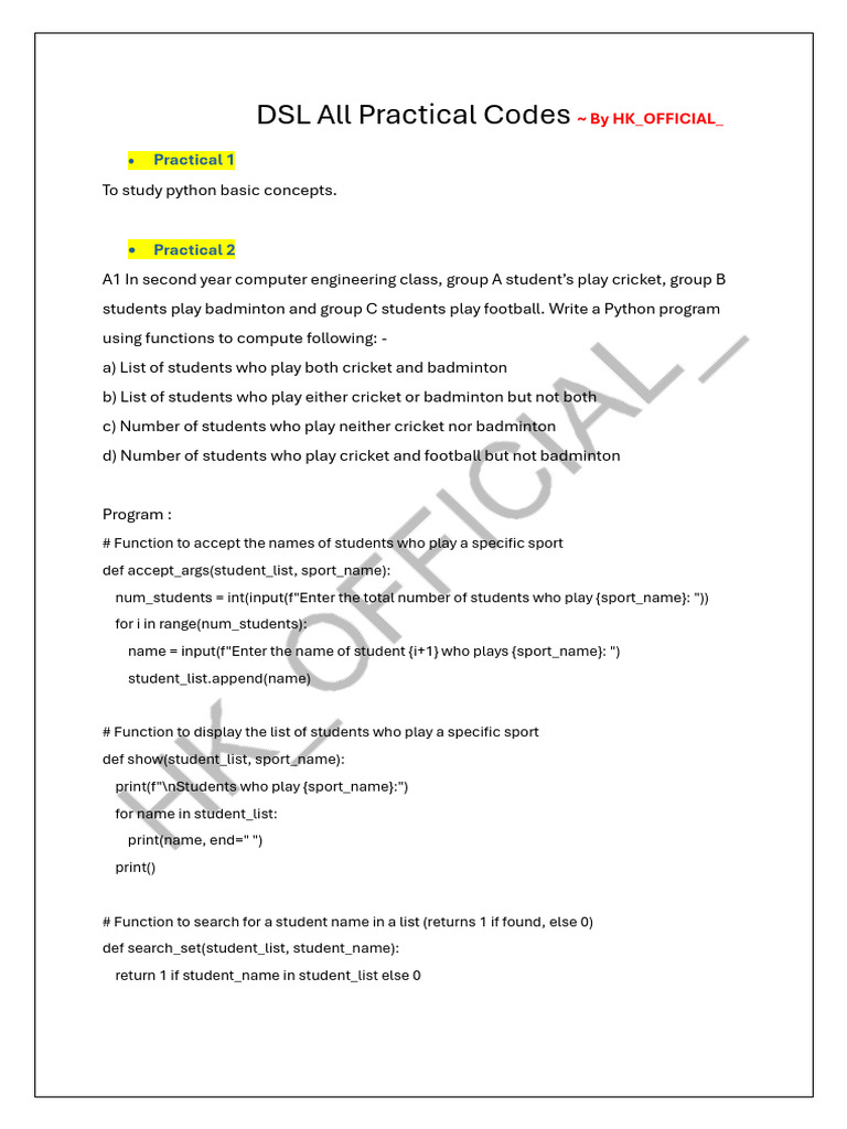 DSL All Practical Codes - by HK - Official | PDF | Matrix (Mathematics) | Algorithms And Data ...