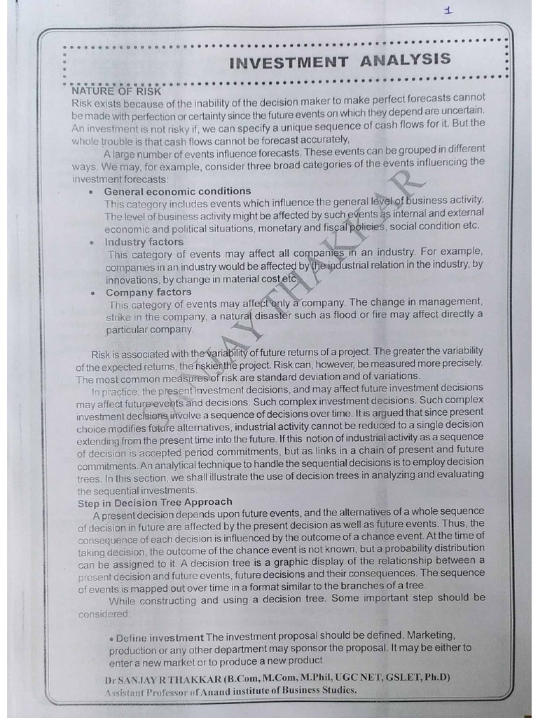 AFM Unit- 2 Investment Analysis - Dr Sanjay R Thakkar | PDF
