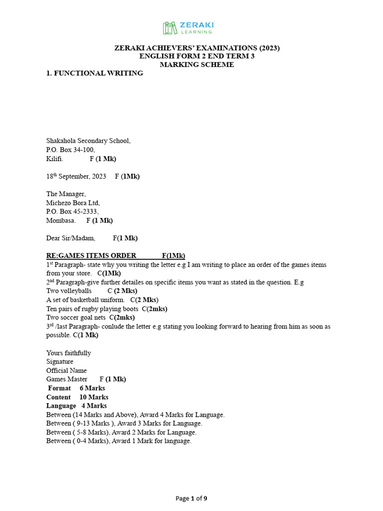 Form 2 English Exam Marking Scheme | PDF | Grammar | Linguistics