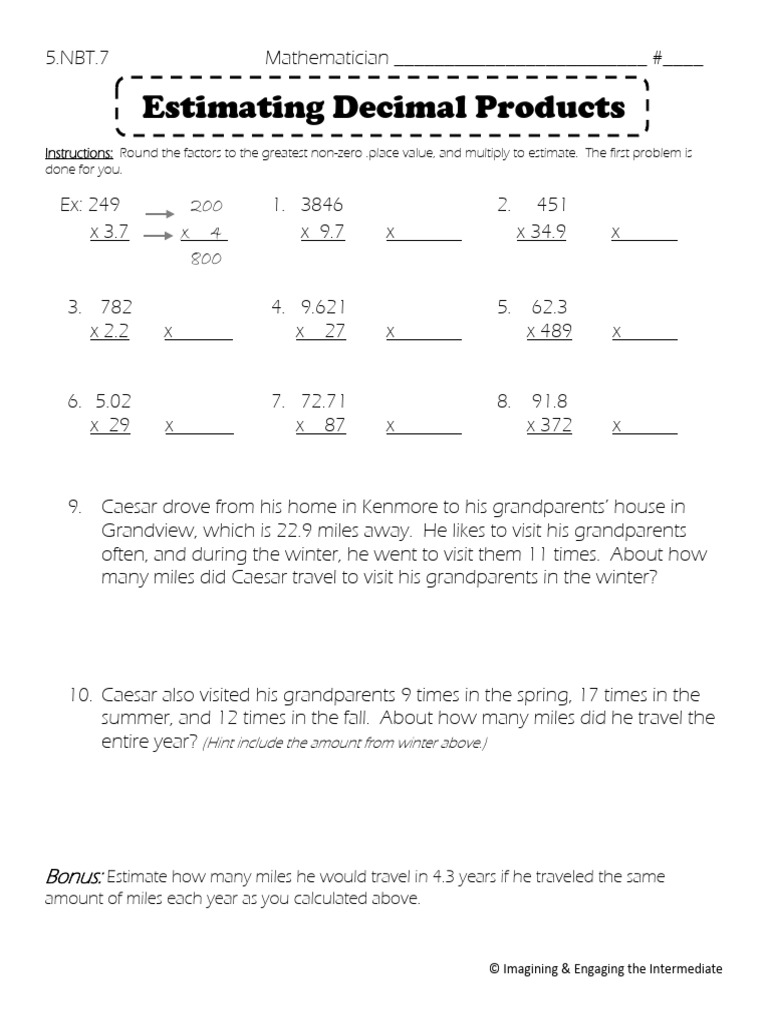 4.2 Estimating Decimal Products Practice | PDF | Arithmetic | Mathematics