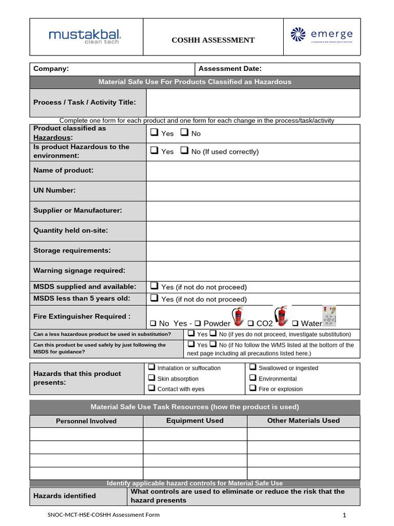 41. SNOC-MCT-HSE-COSHH Assessment Form | PDF | Personal Protective ... 41. SNOC-MCT-HSE-COSHH Assessment Form | PDF | Personal Protective ...
