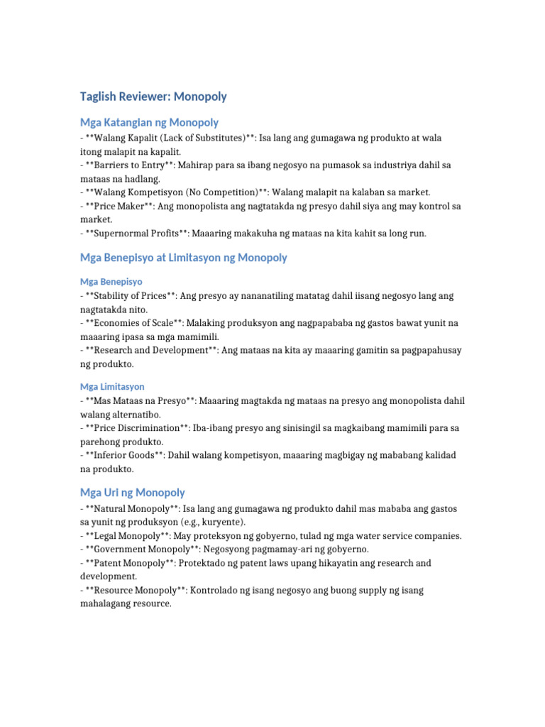 Taglish Monopoly Reviewer | PDF