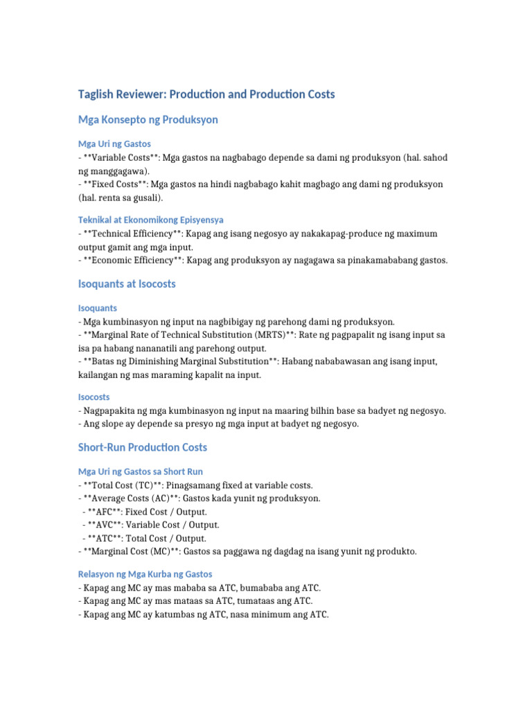 Taglish Production and Costs Reviewer | PDF
