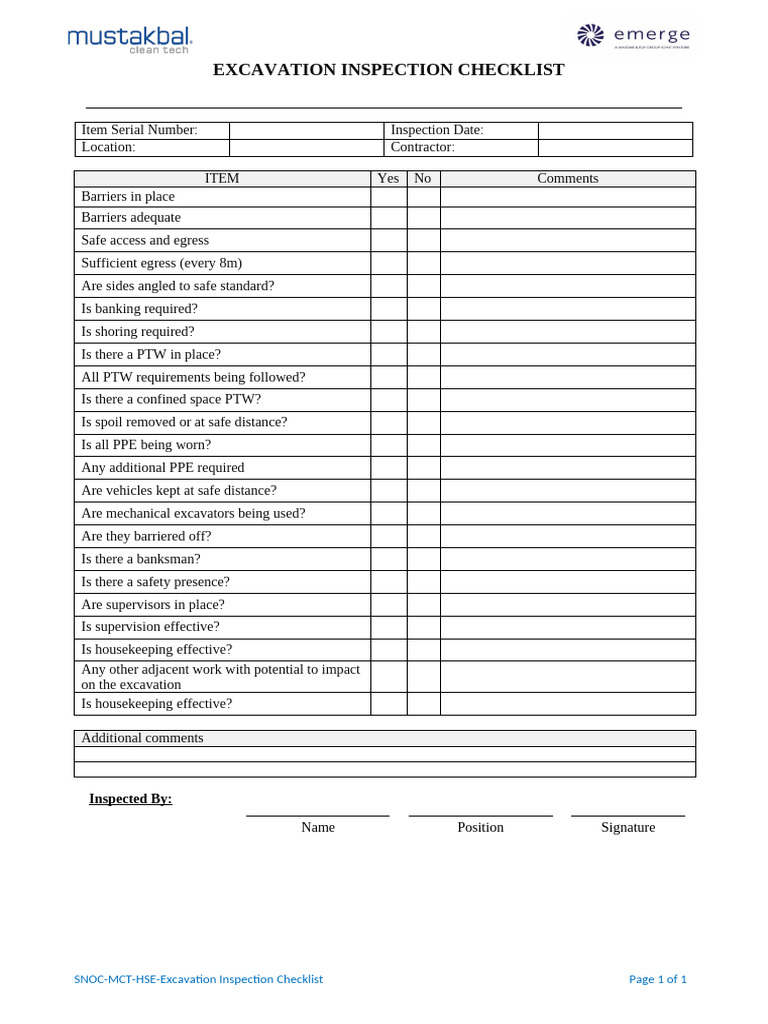 SNOC MCT HSE Excavation Inspection Checklist | PDF