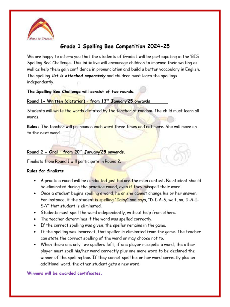 Grade 1 Spelling Bee Contest Rules | PDF