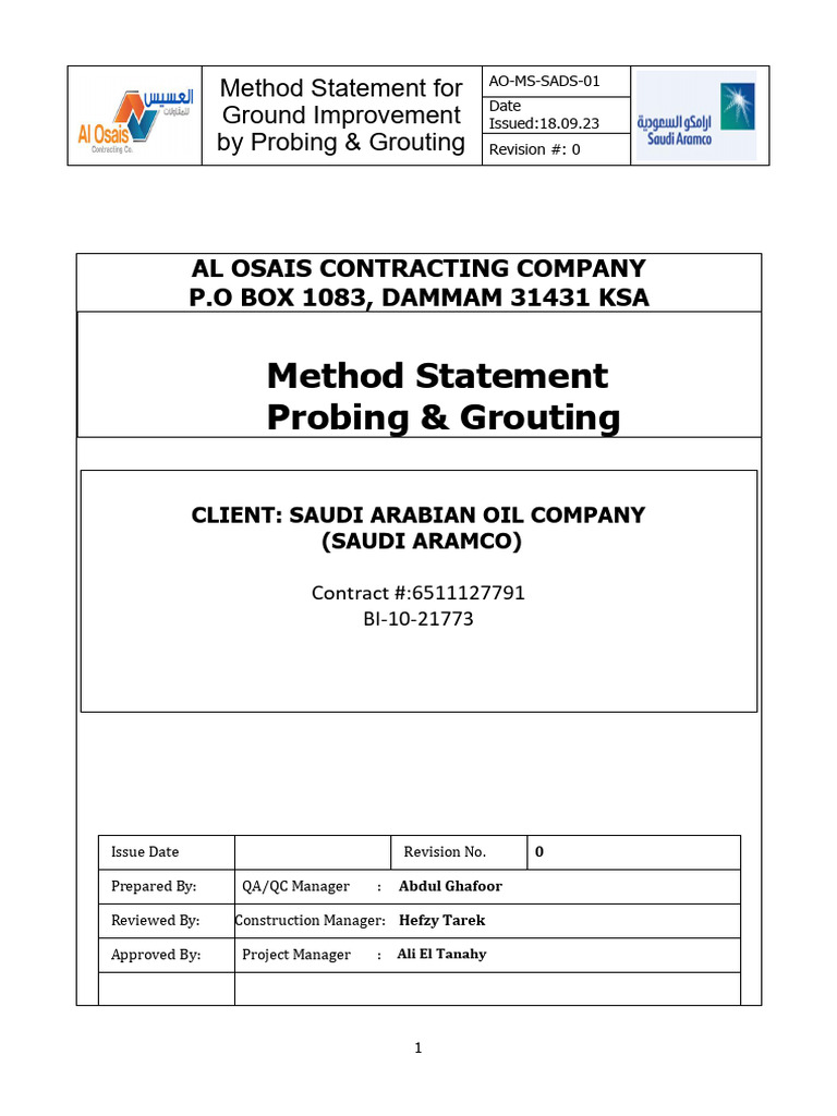 Method Statement For Probing and Grouting For Saudi Aramco Dammam ...