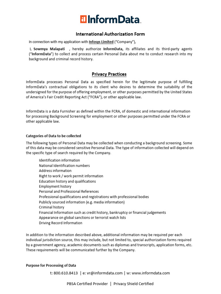 SJV - InformData International Authorization Form | PDF | Criminal Record | Information Privacy