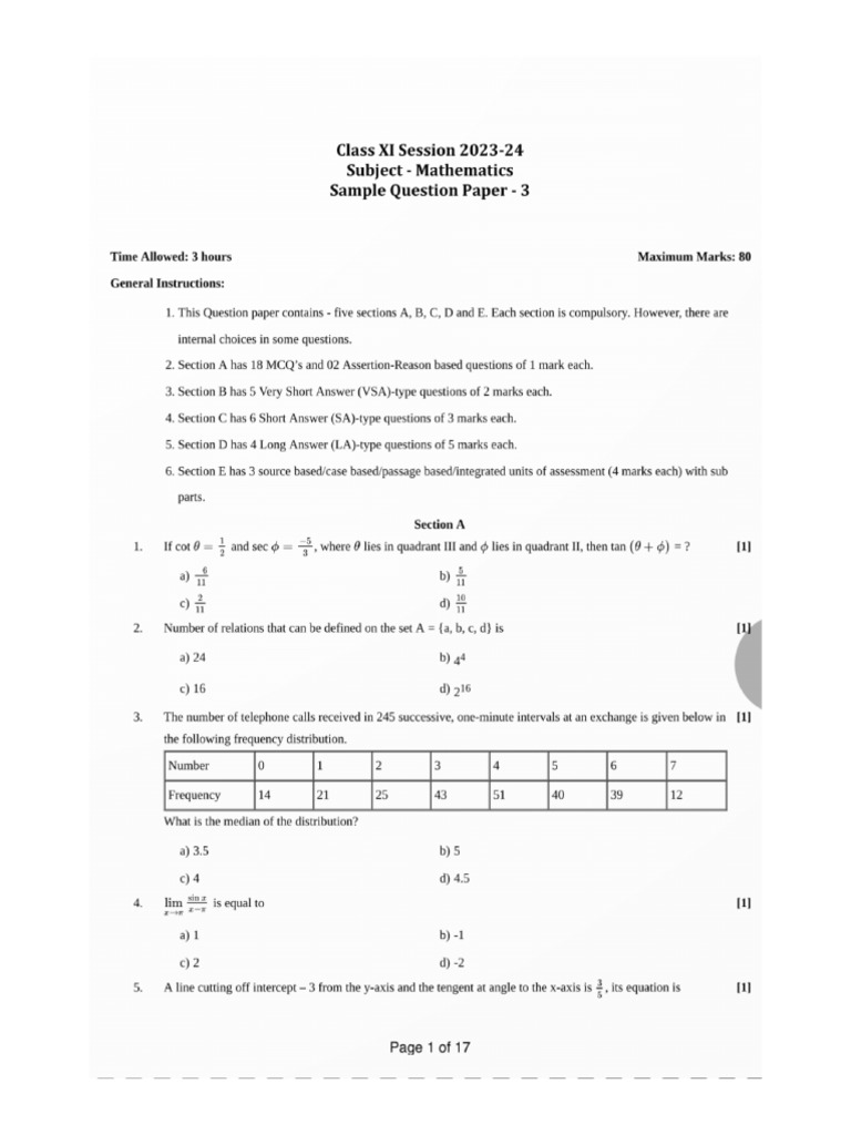 Maths sample paper class 11 | PDF