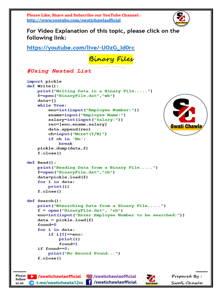 March 19 Binary And Csv Files By Swati Chawla Pdf Computing Computer Data