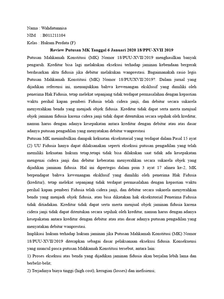 Wahdatunnisa - B011211104 Review Putusan MK Perdata | PDF