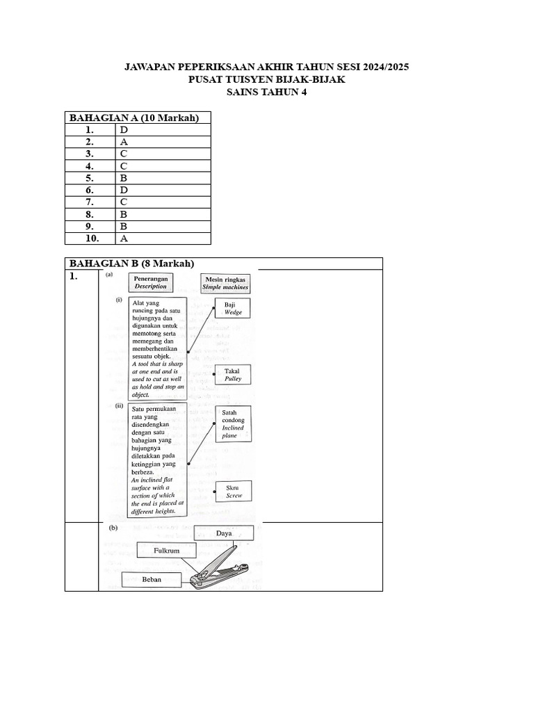 PAT PTBB 2024 2025_JAWAPAN_Sains_Tahun 4 | PDF