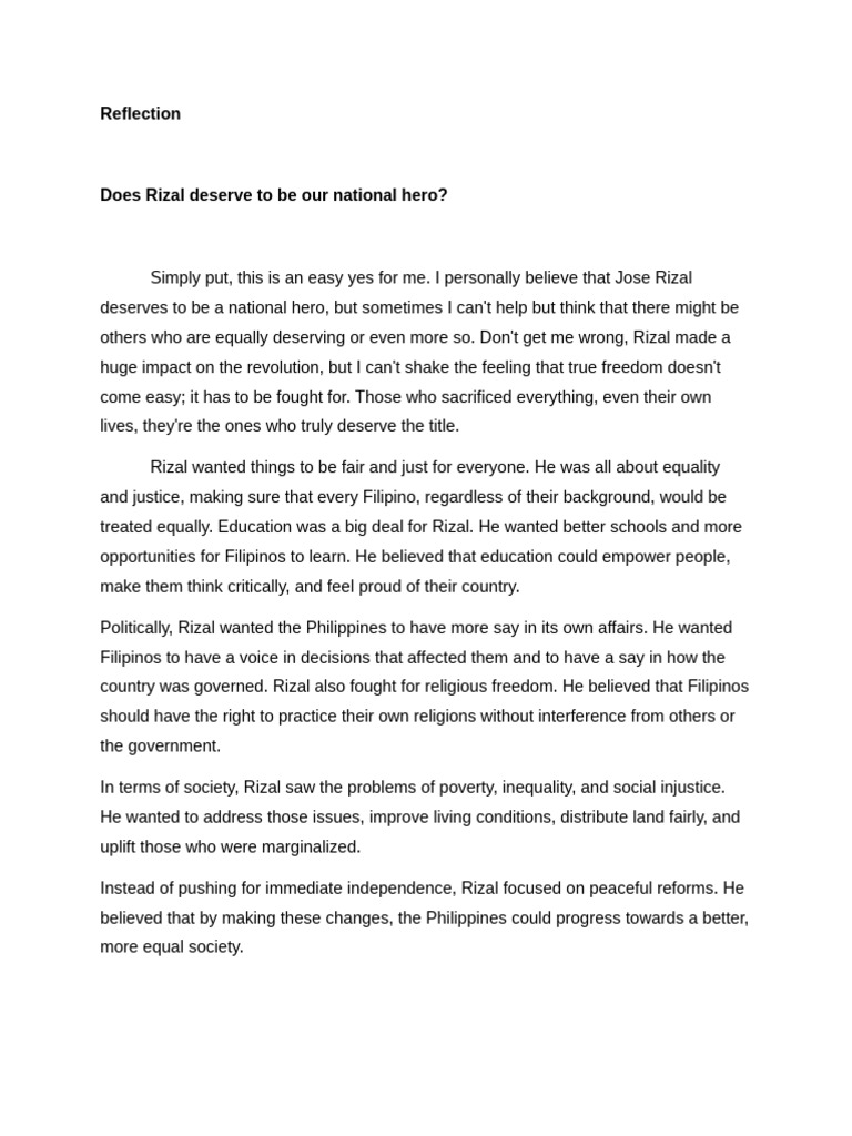 Reflection Paper Rizal On His National H | PDF | Hero | Philippines